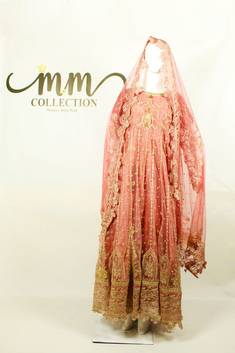 Golden & Pink South Asian Dress – Applique Gown, Moti Dupatta, Rose ...